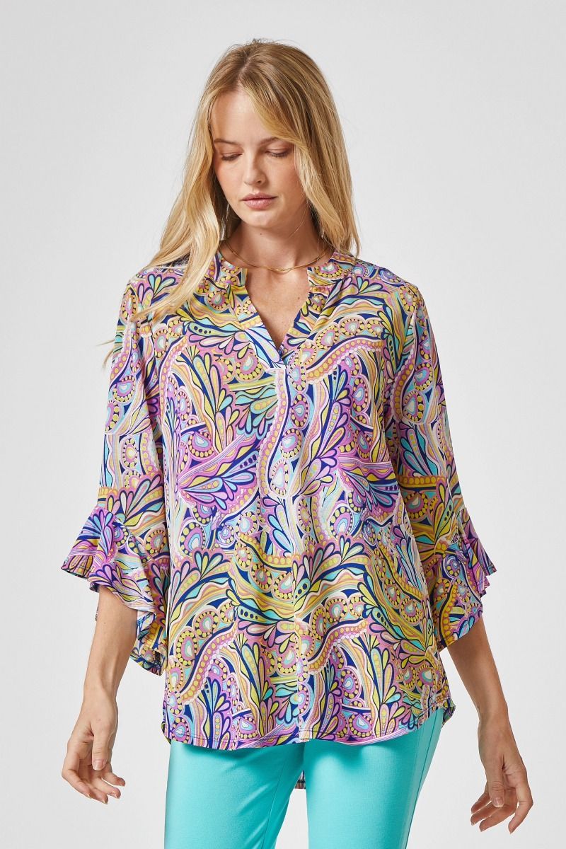 Faith Medallion Print Bell Sleeve Top - Wrinkle Free - Dear Scarlett ...
